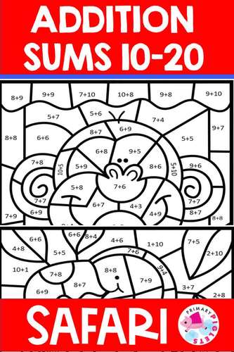 Color by Code ZOO ANIMALS SAFARI Color by Numbers Addition Sums 10 to 20