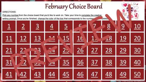February Valentines Day Choice Board With 50 Writing Prompts | TPT