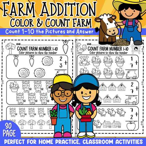 Farm Addition Color & Count within 10 Worksheets - Count Farm Pictures ...