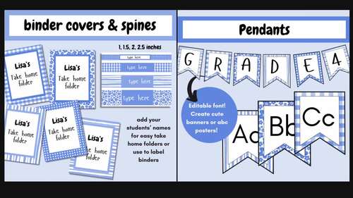 Blue gingham, stripes, dots: folder covers, binder spines, name tags ...
