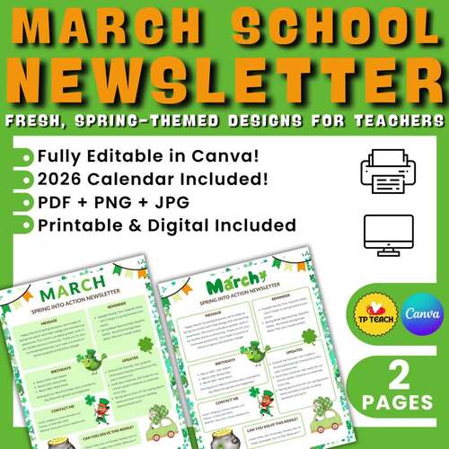 March Editable School Newsletter Template - St. Patrick's & Spring ...