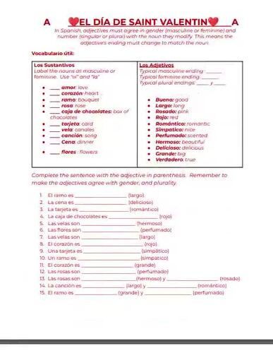 El Día de San Valentín - Spanish Valentine's Day Adjective Agreement ...