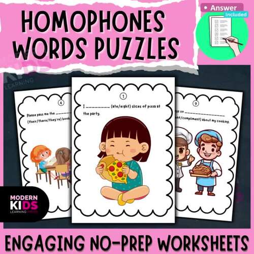 Homophones Words Puzzles - Engaging No-Prep Homophone Worksheets