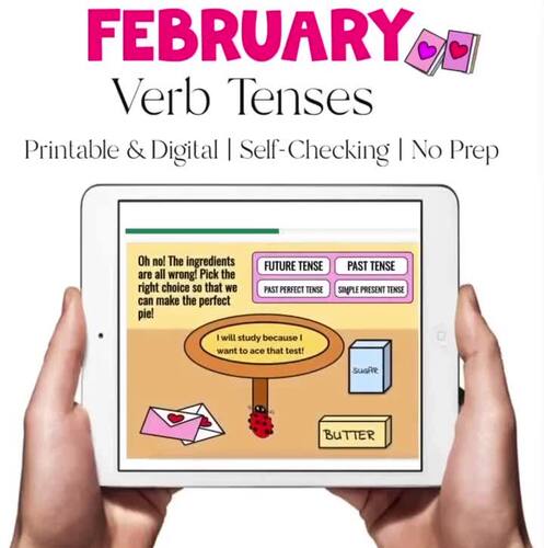 February Verb Tenses Boom Cards | Valentine's Day Digital Task Cards