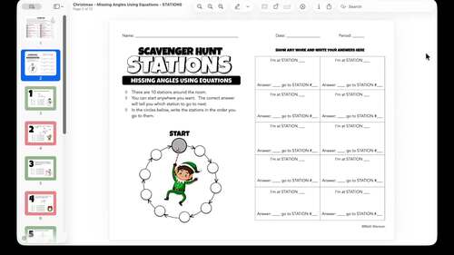 7th/8th Grade Math Christmas Activities Angle Relationships with Equations