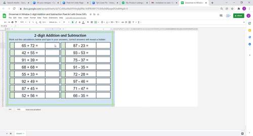 Snowman in Window with Snow GIFs 2-digit Addition and Subtraction Pixel Art