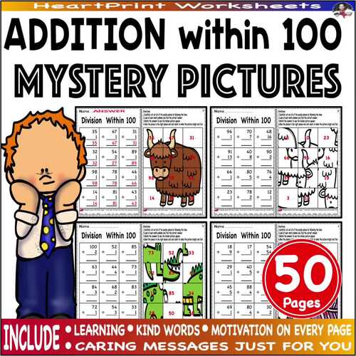 Addition within 100 with Regrouping Mystery Picture fun worksheet ...