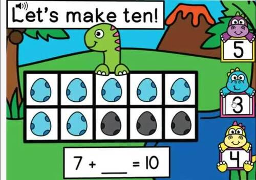 Boom Cards™ Dinosaur Missing Addends, Using Ten Frames to Make Ten