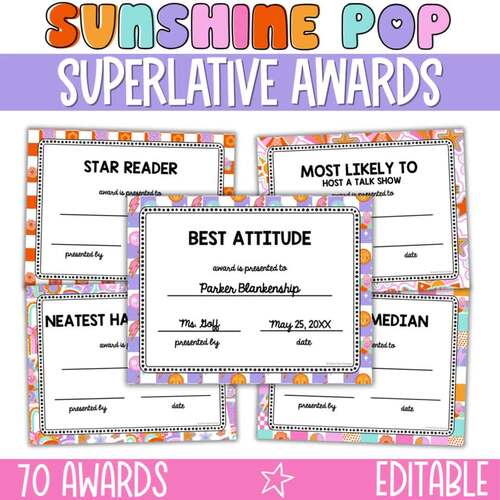 Retro Groovy Superlative Awards, Y2K Funny End of Year Award Certificates