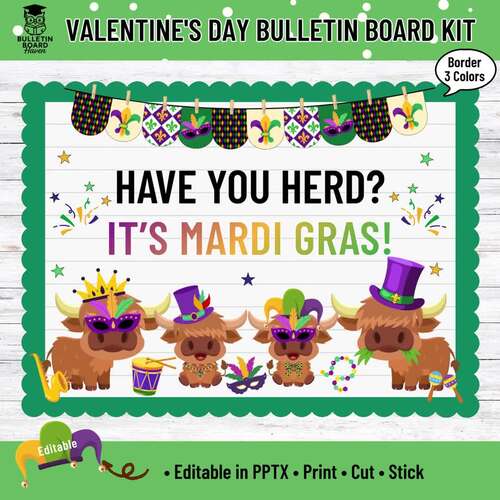 Mardi Gras Bulletin Board Kit: Highland Cow Theme | Editable Classroom ...
