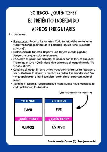 Spanish Game Preterite Tense | Pretérito Indefinido | Yo tengo, ¿Quién ...