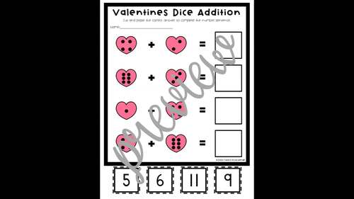 Valentine's Day NO PREP Cut and Paste Math Activity Heart Dice Addition ...