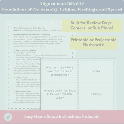HSS 6.7.6 Trivia Game: Foundations of Christianity – 20 Qs + Flashcards