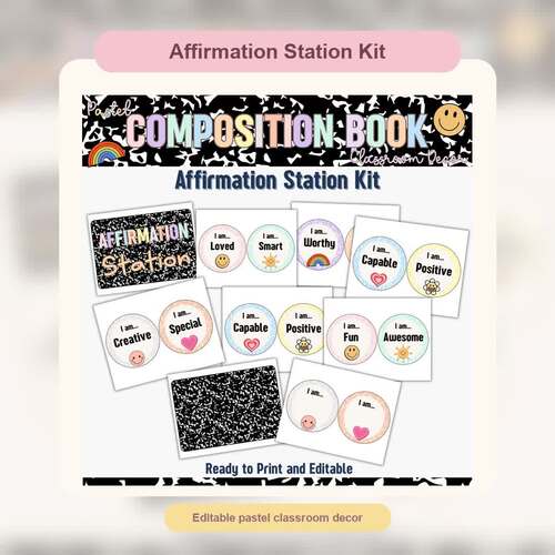 Editable Affirmation Station Kit | Pastel Composition Book Classroom ...