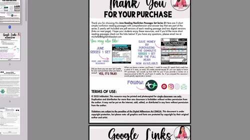 June Reading Passages Series 2 Set of 5, w/ Comprehension, DIGITAL & PDF