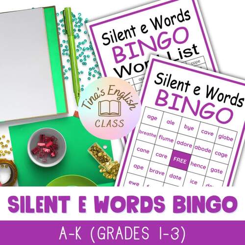 Silent e Words BINGO Game (a-k) for 1st, 2nd, 3rd Grade LOW PREP