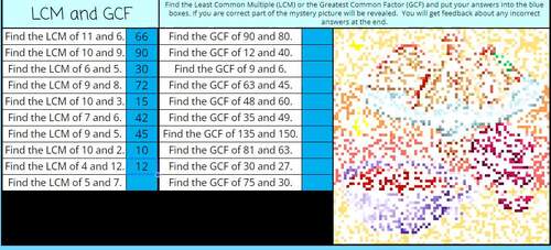 Greatest Common Factor & Least Common Multiple Pixel Art LCM GCF Activity