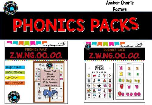 Phonics Bingo, peg cards, write the room, word match, worksheets Z W NG ...