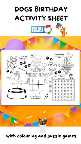 Dogs Birthday Activity Sheet for Kids, Party Placemat, Coloring Page ...