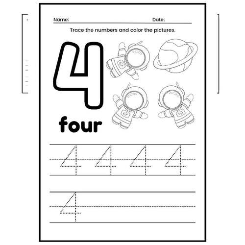 Outer Space Coloring and trace the numbers, Numbers from 1 to 10, Astronaut