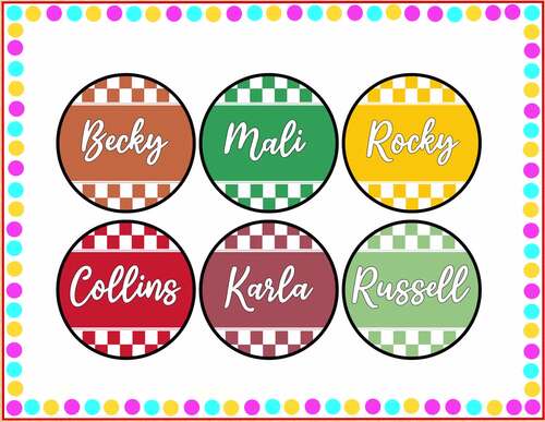 Round Bright Checkered Student Name Labels, KG Bright Colors Name Plates