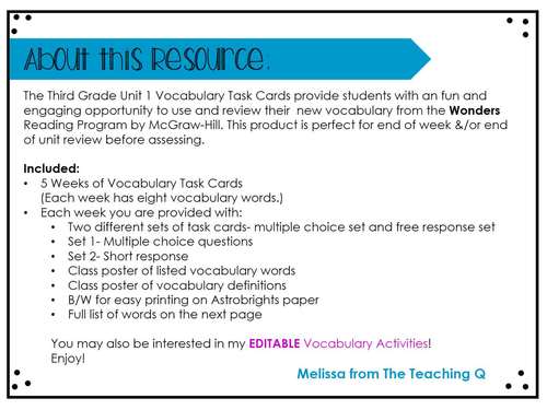 Wonders ELA Vocabulary Task Cards Printable 3rd Grade (Unit 1) | TPT