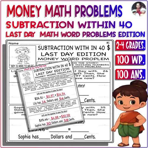 Last Day Math Money Word Problems Subtraction Within 40 - Pack Think ...
