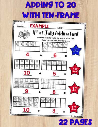 4th of July Ten-Frame Addition to 20 | No Prep Color by Even & Odd Numbers