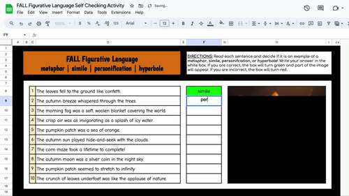 FALL FIGURATIVE LANGUAGE Google Sheets Mystery Picture | TPT