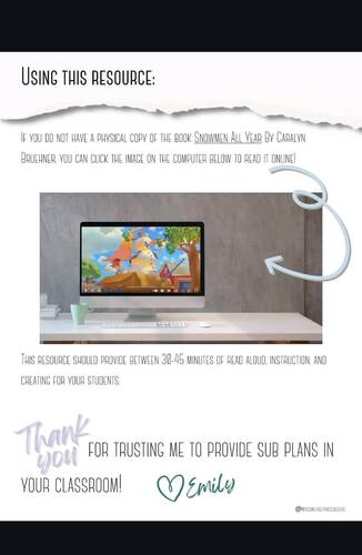 Sub Plans Made Easy - Snowmen All Year - Literacy/Writing Emergency Sub ...