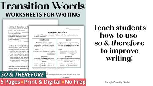 Adult ESL Transition Words Grammar Worksheets for Writing - So & Therefore