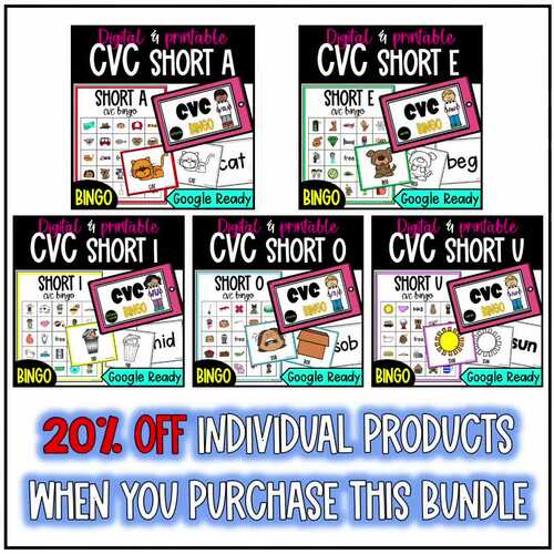 CVC Bingo Bundle l Short Vowel Bingo Set l l CVC Games by DN Creations