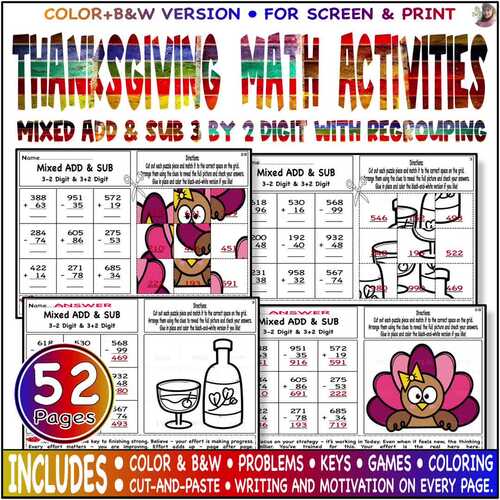 Mixed Add Subtract 3and2 digit with regrouping | Thanksgiving Math ...