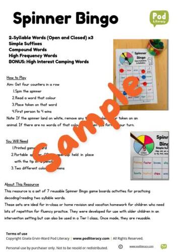 Two Syllable Phonics Spinner Bingo Game Multi-Syllable Revision Reading ...