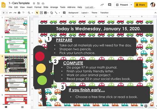 Editable Morning Work Presentation Google Slides PPT Templates | Cars