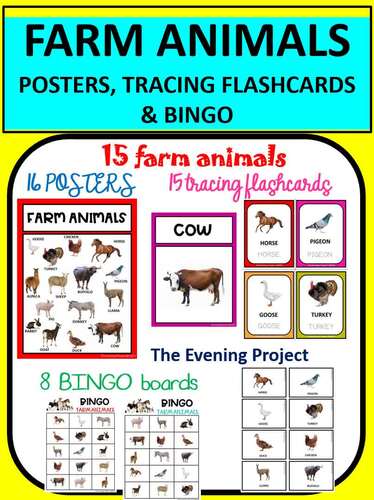 FARM ANIMALS POSTERS, TRACING FLASHCARDS & BINGO for Spec. Ed & K+