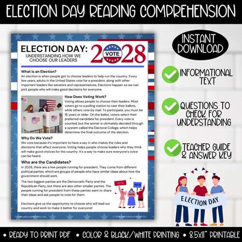 2028 Election Day Activity Worksheet, ELA Civics Reading Comprehension