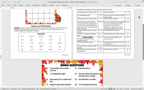6th Grade Thanksgiving Math Bingo Review Game (Writing Expressions)