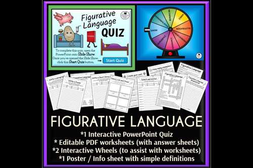Figurative Language Worksheets, PowerPoint Quiz, Poster and Spinning Wheels