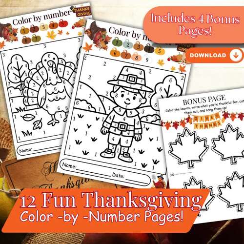Thanksgiving Color by Number for Kids | Fall Coloring Pages | TPT