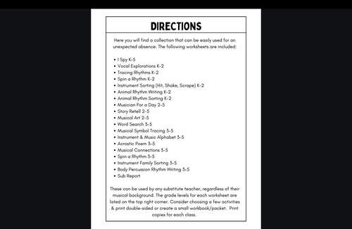 K-5 Elementary Music Emergency Sub Plans | 20 Worksheets by Teaching In ...