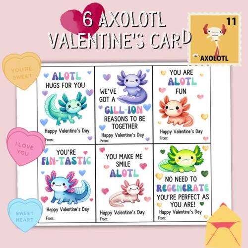 Printable Axolotl Valentine's Day Cards | Valentine's Treat Tag for ...