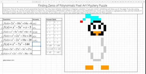 Precalculus Finding Zeros of Polynomials Digital Pixel Art Hard Copy ...