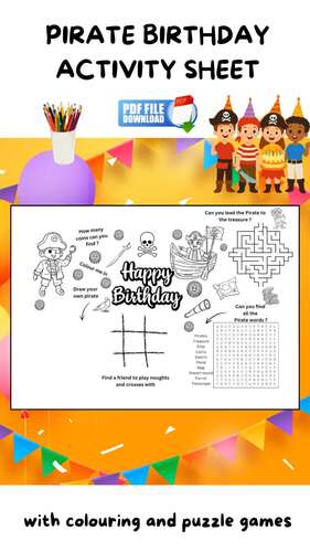 Pirates Birthday Party Activity Sheet, Coloring & Puzzles Placemat ...
