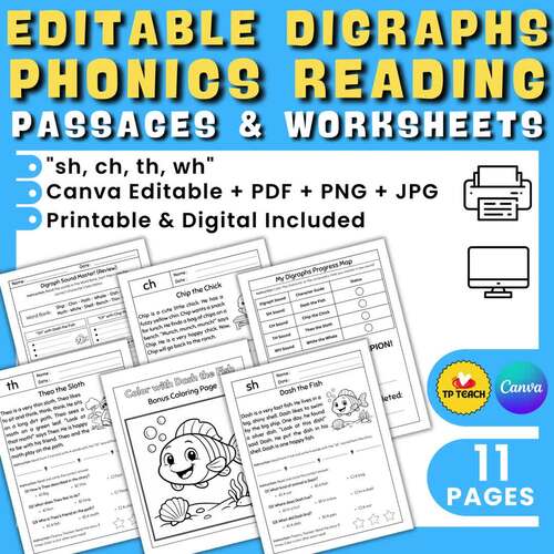 Editable Digraphs Phonics Reading Passages and Worksheets - sh ch th wh ...