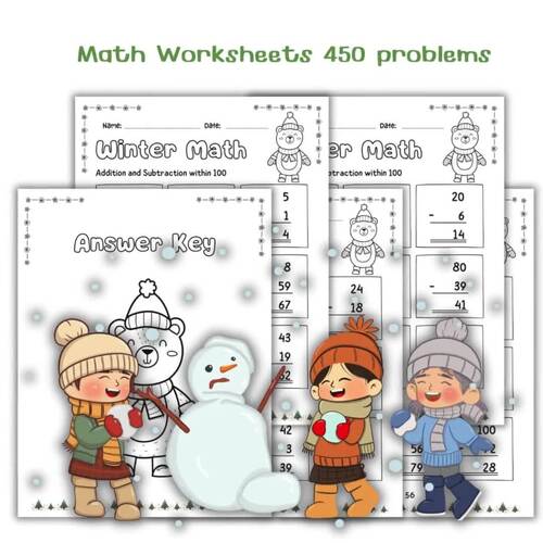 Winter Addition and Subtraction Within 100 Worksheets by Ping Ping Studio