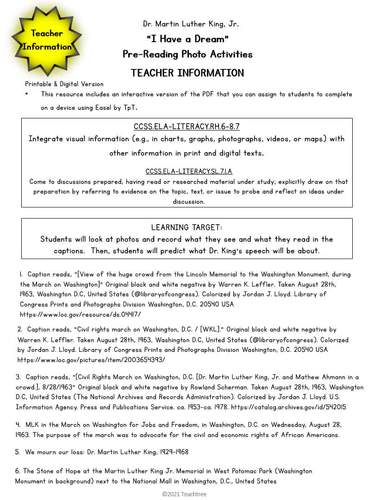 MLK Day "I Have a Dream" Pre-Reading Photo Activities by Teachtree