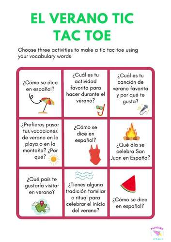 Tres en Raya El Verano Tic Tac Toe Summer Spanish by Pasajero Spanish
