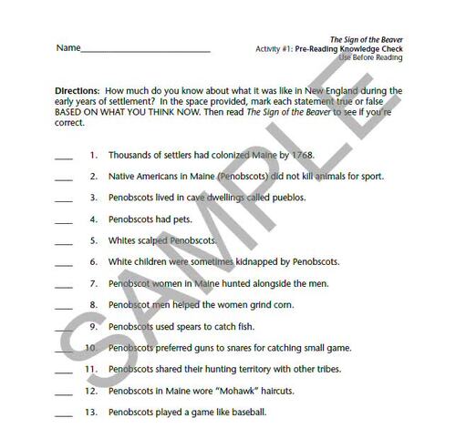 The Sign of the Beaver Novel Units® Student Packet Novel Study | TPT