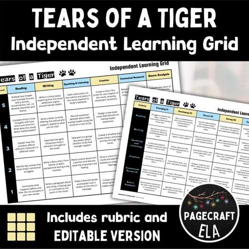Tears of a Tiger Independent Study Grid of Activity Choices with Rubric